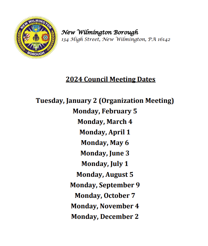 2024 Council Meeting Dates - New Wilmington Borough